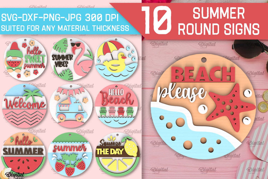 Summer Round Signs Laser Cut Bundle. Layered Summer Signs SVG - So Fontsy
