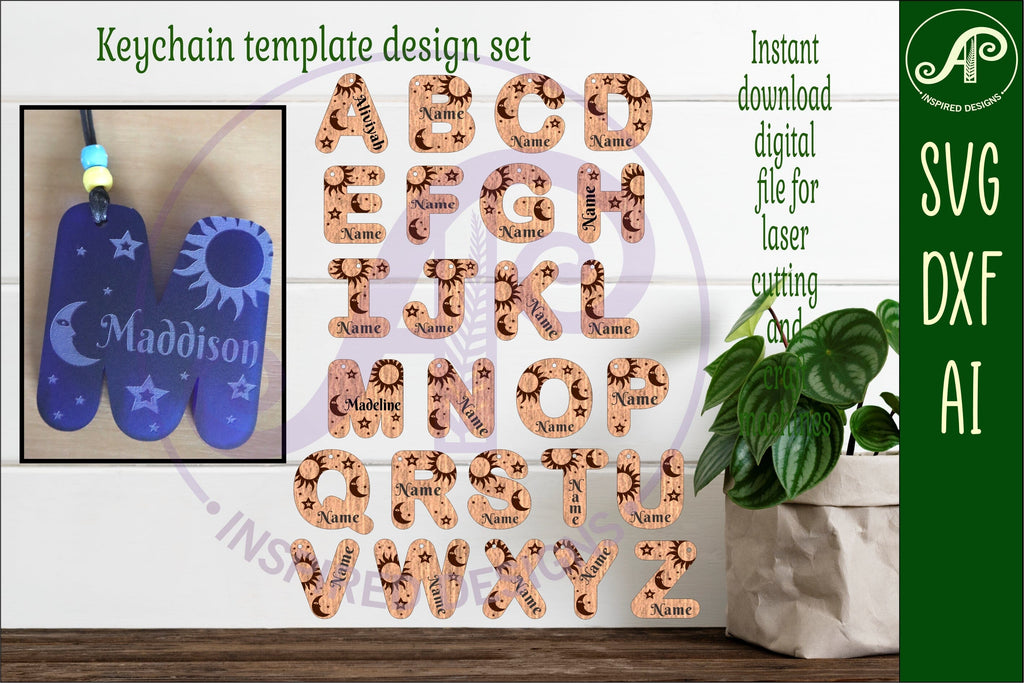 Sun and moon theme tag letter designs keychain DIGITAL SVG - So Fontsy