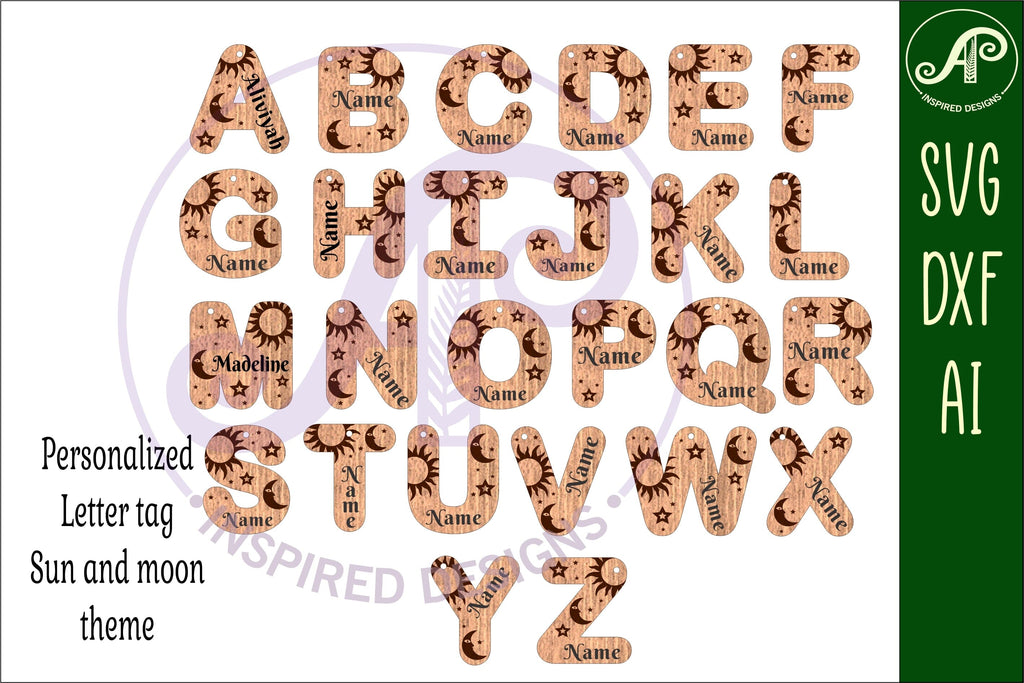 Sun and moon theme tag letter designs keychain DIGITAL SVG - So Fontsy