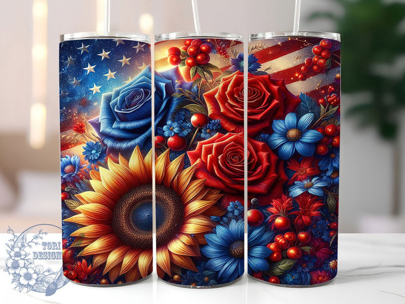 Sunflower Flag Patriotic Tumbler, Patriotic Floral Wrap, American Flag PNG, 20oz Sublimation ...