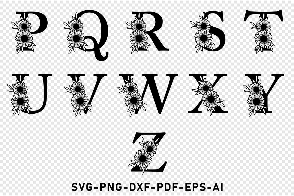 Sunflower Monogram Alphabet Letters Set A-Z SVG Designs Bundle, Floral ...