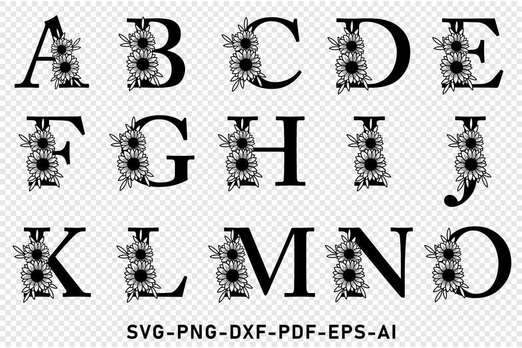 Sunflower Monogram Alphabet Letters Set A-Z SVG Designs Bundle, Floral ...