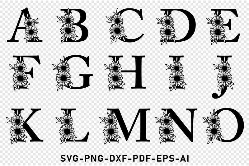 Sunflower Monogram Alphabet Letters Set A-Z SVG Designs Bundle, Floral ...