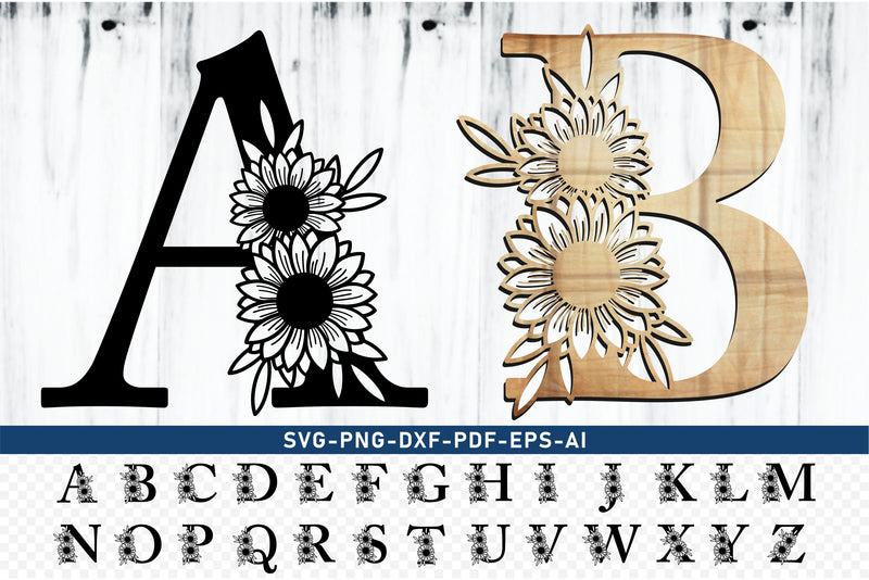 Sunflower Monogram Alphabet Letters Set A-Z SVG Designs Bundle, Floral Font SVG Laser Cut Files ...
