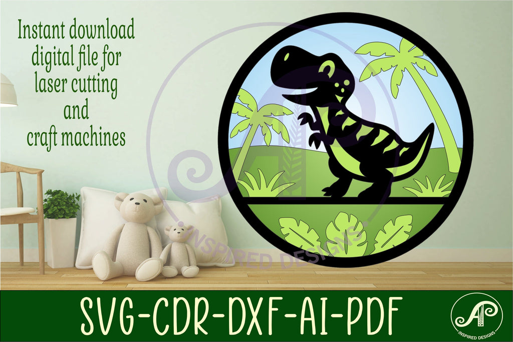 T Rex dinosaur layered wall sign svg laser cut file - So Fontsy