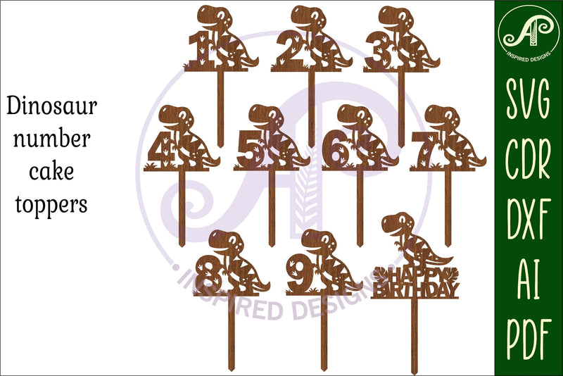 T rex Dinosaur number cake toppers, 10 designs SVG laser cut - So Fontsy