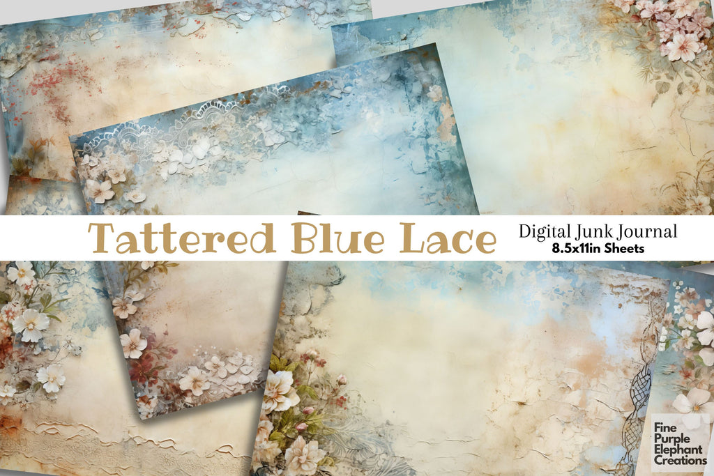 Tattered Blue Lace Digital Junk Journal Double Pages - So Fontsy