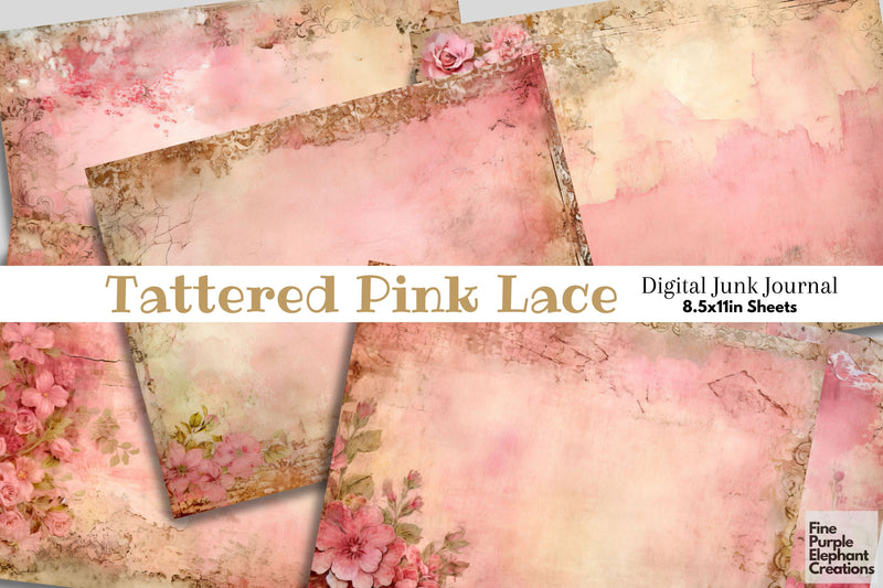 Tattered Pink Lace Digital Junk Journal Double Pages - So Fontsy