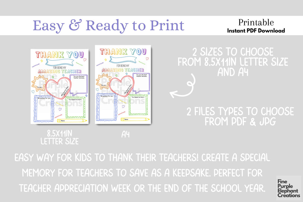 Teacher Appreciation Printable Digital Worksheet - Kids End School Year ...