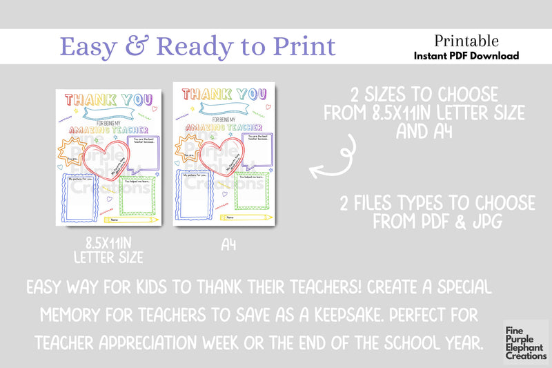 Teacher Appreciation Printable Digital Worksheet - Kids End School Year ...