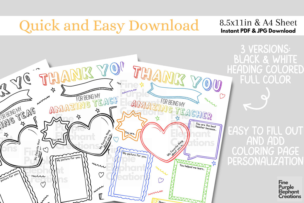 Teacher Appreciation Printable Digital Worksheet - Kids End School Year ...