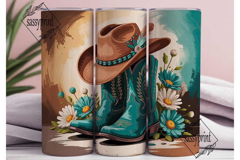 Teal Cowboy Boots & Daisies 20oz Tumbler - So Fontsy