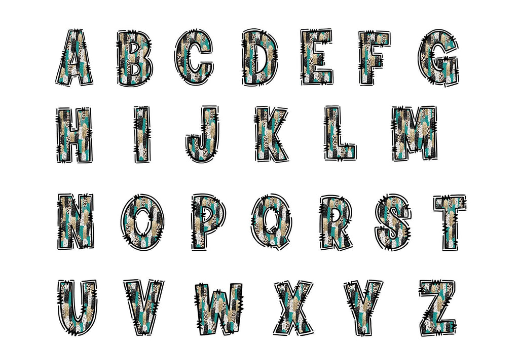 Teal Leopard Glitter Alphabet PNG, Brushstroke Doodle Letters - So Fontsy