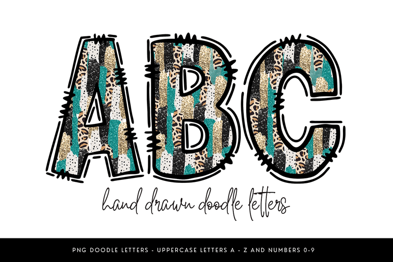Teal Leopard Glitter Alphabet PNG, Brushstroke Doodle Letters - So Fontsy
