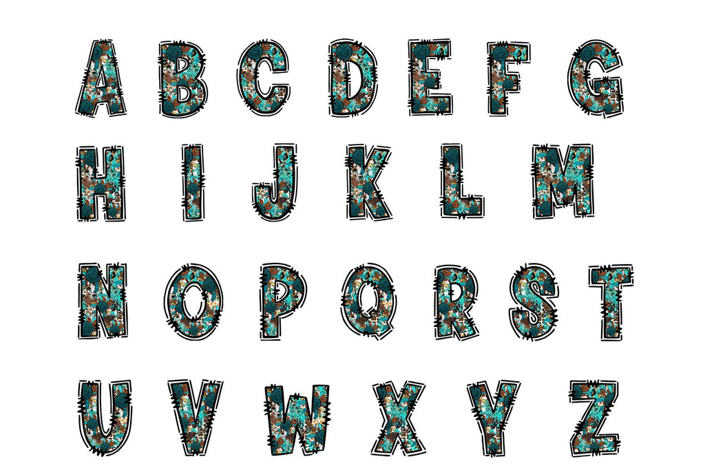 Teal Western Sunflower Doodle Letters, Glitter Alphabet - So Fontsy