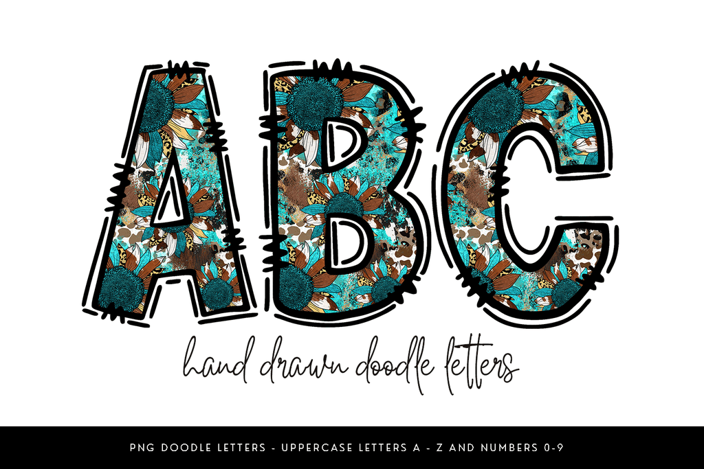Teal Western Sunflower Doodle Letters, Glitter Alphabet - So Fontsy