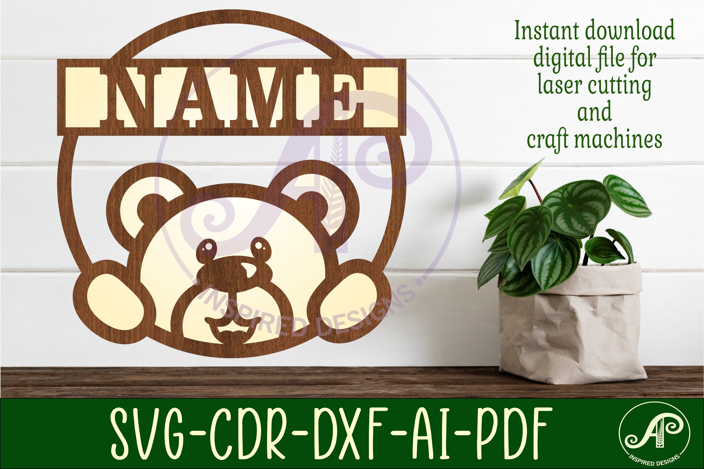 Teddy bear name sign svg laser cut template - So Fontsy
