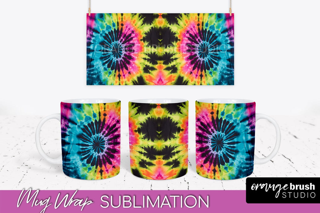 Tie Dye Mug Wrap - Neon Rainbow Mug PNG Sublimation - So Fontsy
