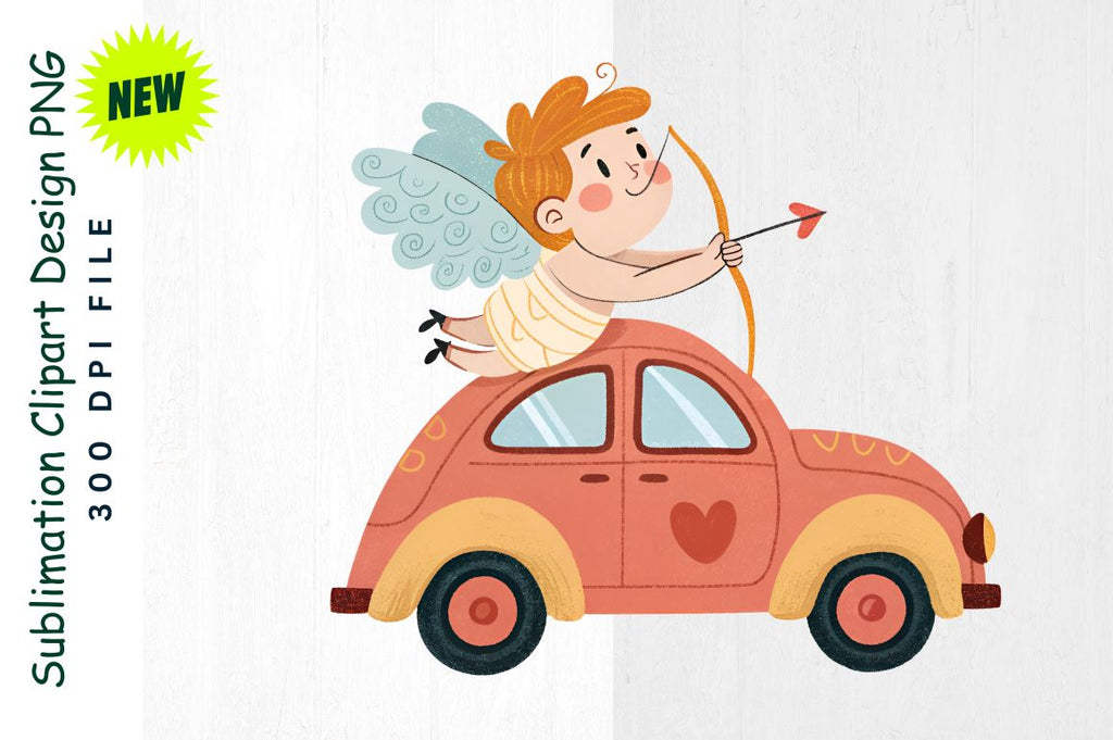 Toy Car with Cupid Sublimation Clipart - So Fontsy