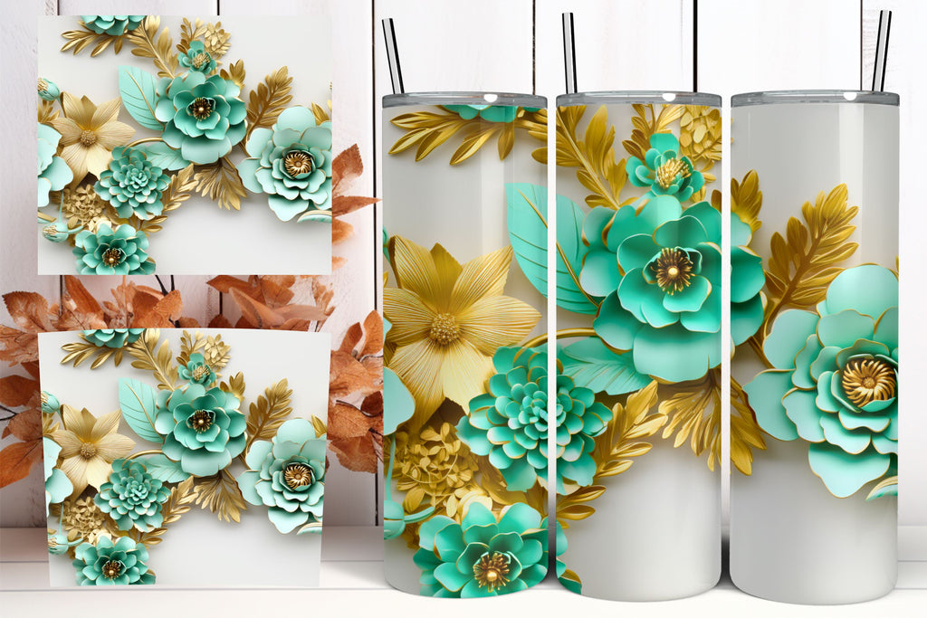 Turquoise flowers tumbler wrap | Sublimation PNG design - So Fontsy