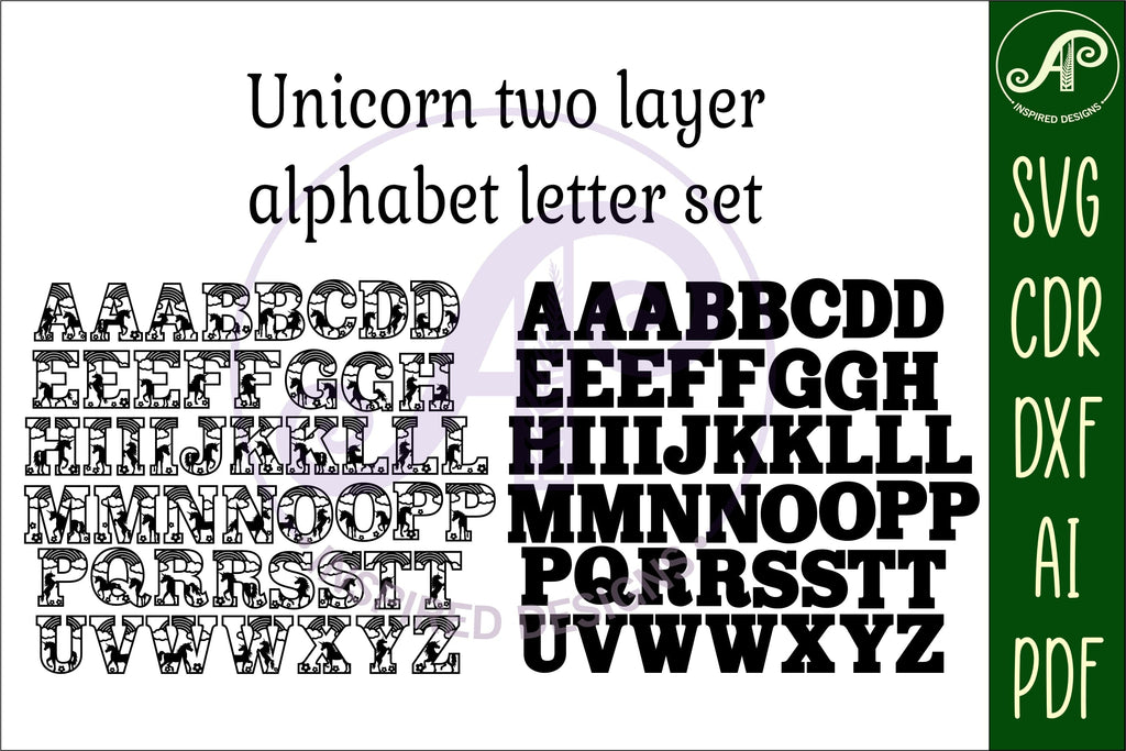 Unicorn alphabet letter set. 2 layer 49 letters. - So Fontsy