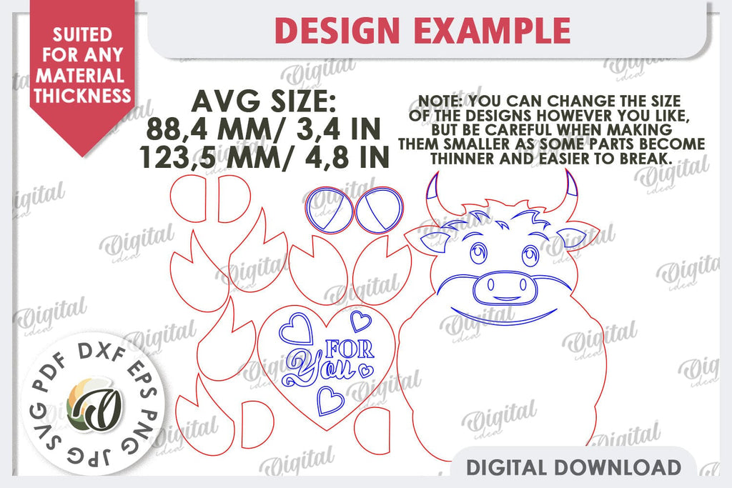 Valentine Bull with Heart Laser Cut. Cute Animals SVG - So Fontsy