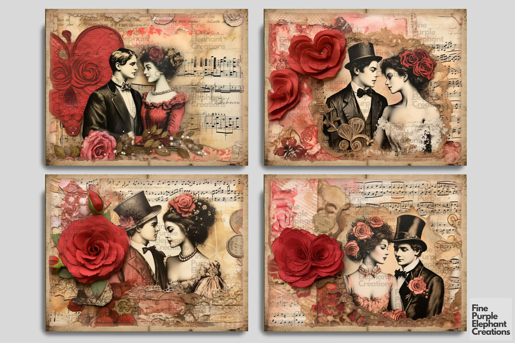 Valentine Vintage Couples Digital Junk Journal Double Pages - So Fontsy