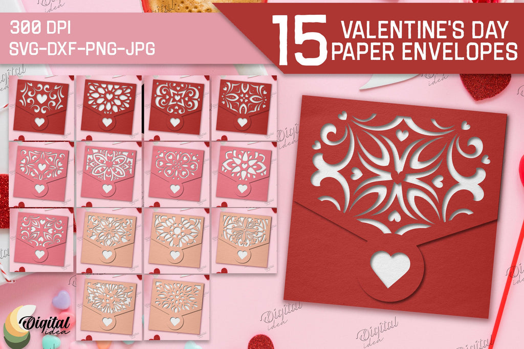 Valentine's Day Paper Envelope Bundle. Envelope Gift SVG - So Fontsy