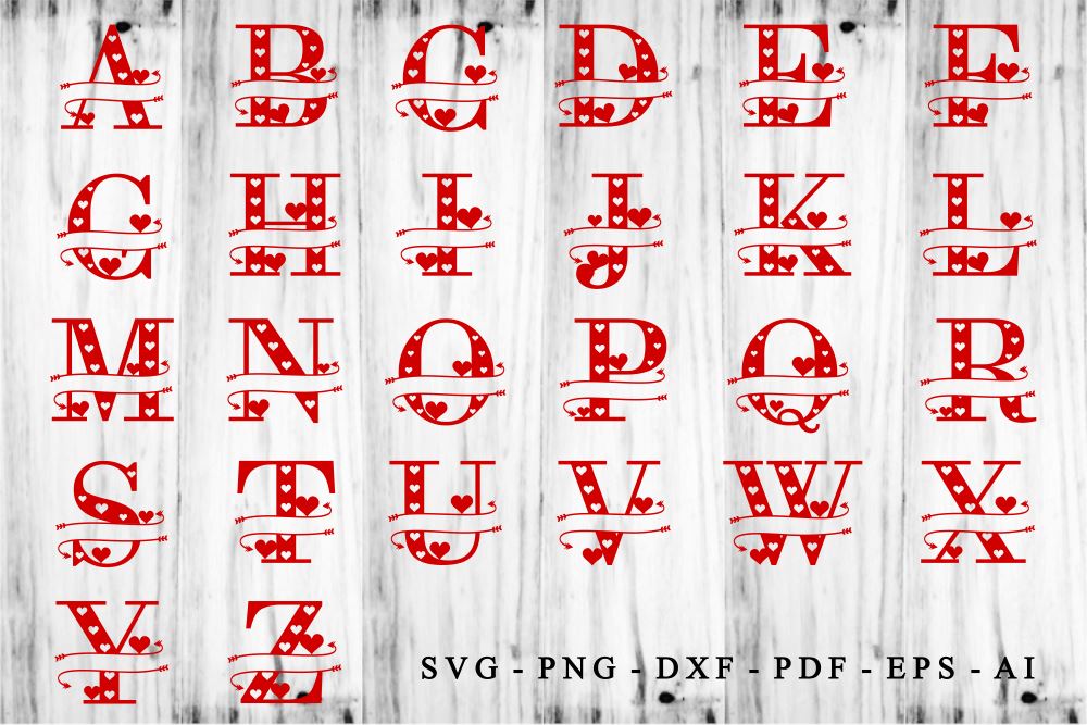 Valentines Day Split Font Monogram Letters SVG Set A-Z, Valentine Split ...