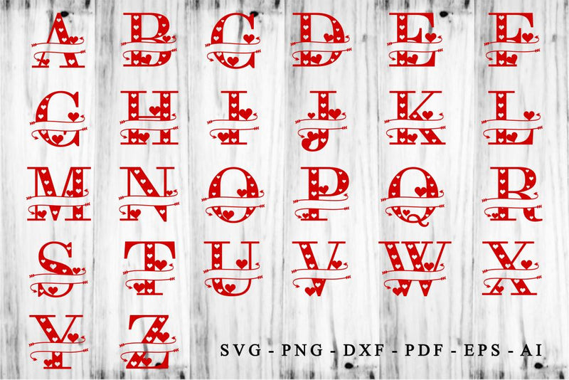 Valentines Day Split Font Monogram Letters SVG Set A-Z, Valentine Split ...