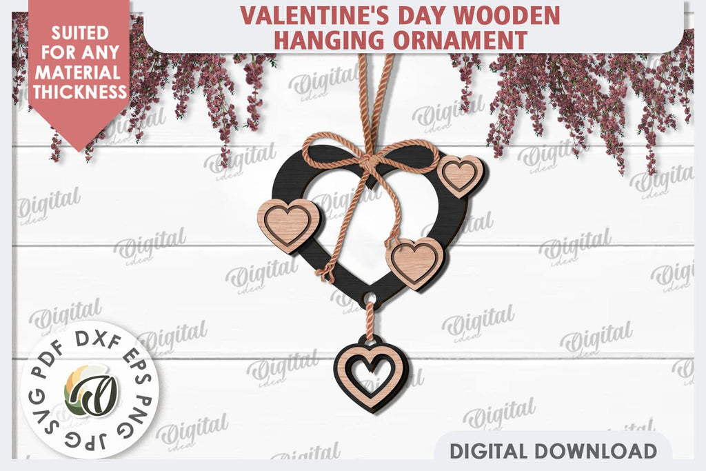 Valentine's Day Wooden Hanging Ornament Laser Cut. Heart SVG - So Fontsy