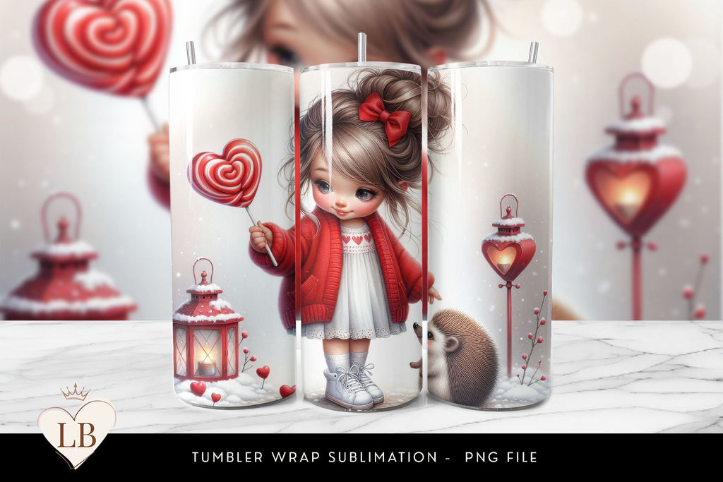 Valentine's Tumbler Wrap, Cute Messy Bun Girl and Hedgehog - So Fontsy