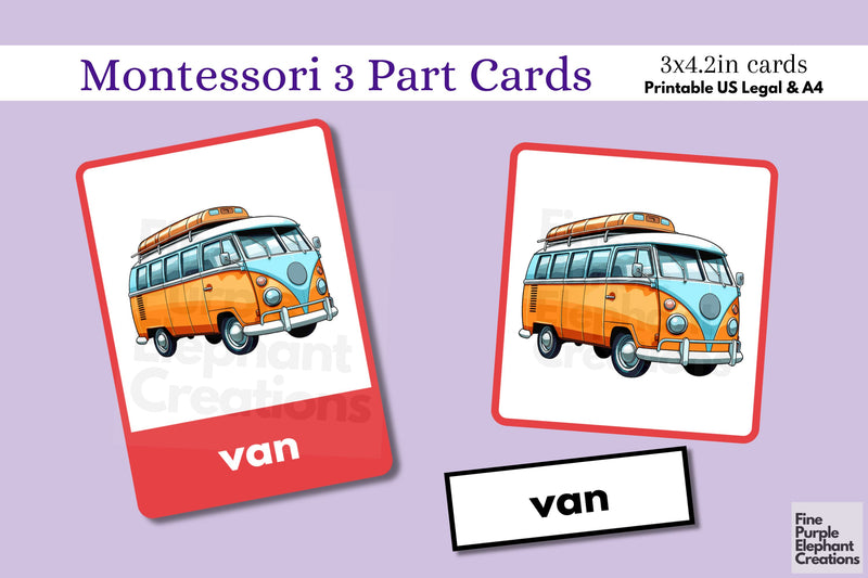 Vehicle Transportation Flashcards | Preschool Montessori Cards - So Fontsy
