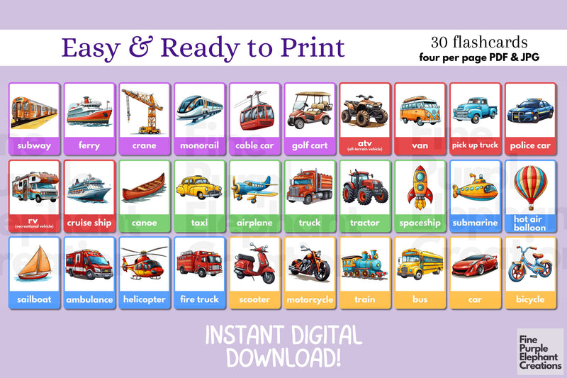 Vehicle Transportation Flashcards | Preschool Montessori Cards - So Fontsy