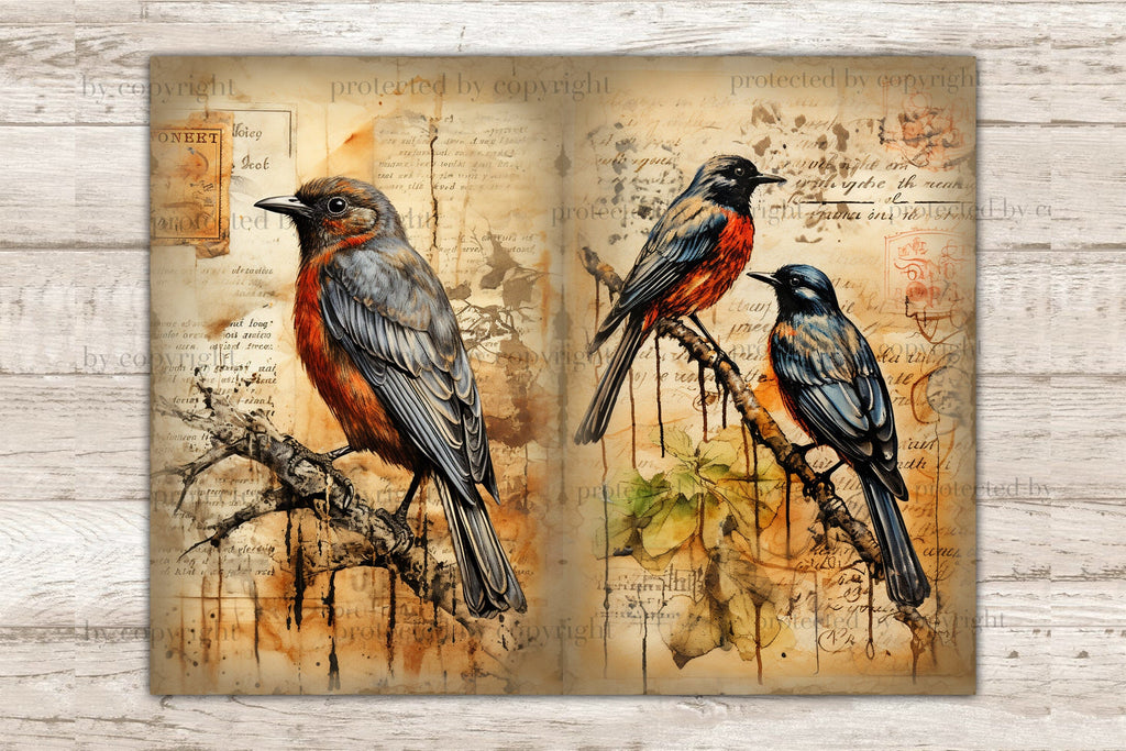 Vintage Birds Junk Journal Pages | Digital Collage Sheet - So Fontsy