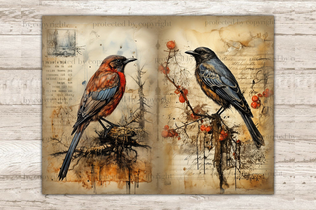 Vintage Birds Junk Journal Pages | Digital Collage Sheet - So Fontsy