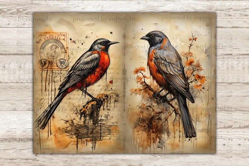 Vintage Birds Junk Journal Pages | Digital Collage Sheet - So Fontsy