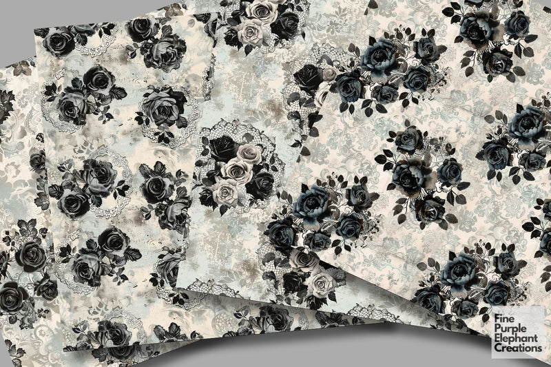 Vintage Black Rose Lace Digital Paper | Gothic Romantic Sublimation ...