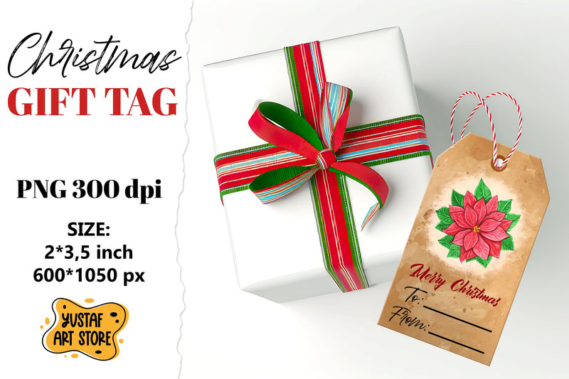 Vintage Christmas Gift Tag. Hand painted Watercolor - So Fontsy