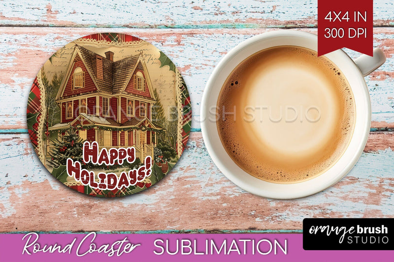 Vintage Christmas Round Coaster - Xmas Coaster Sublimation - So Fontsy