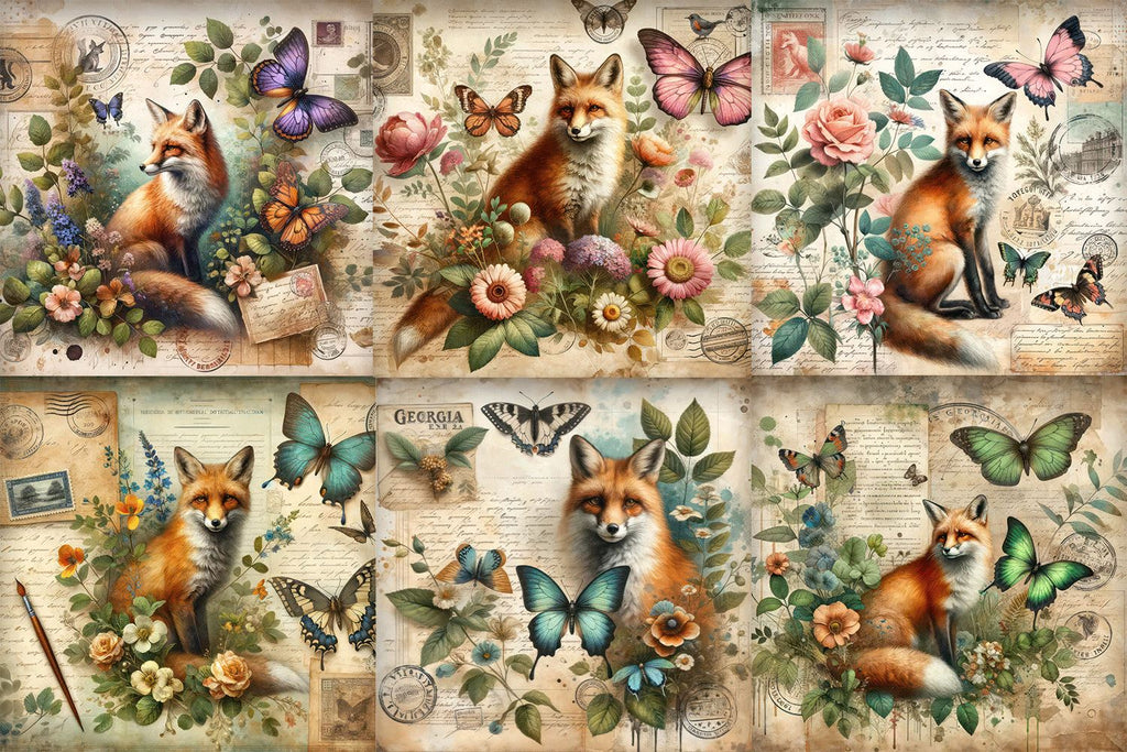 Vintage Fox Digital Paper Pack, Woodland Creatures - So Fontsy