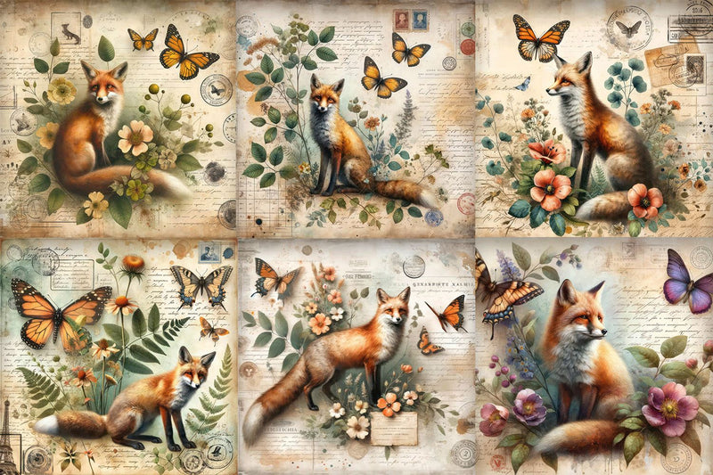 Vintage Fox Digital Paper Pack, Woodland Creatures - So Fontsy