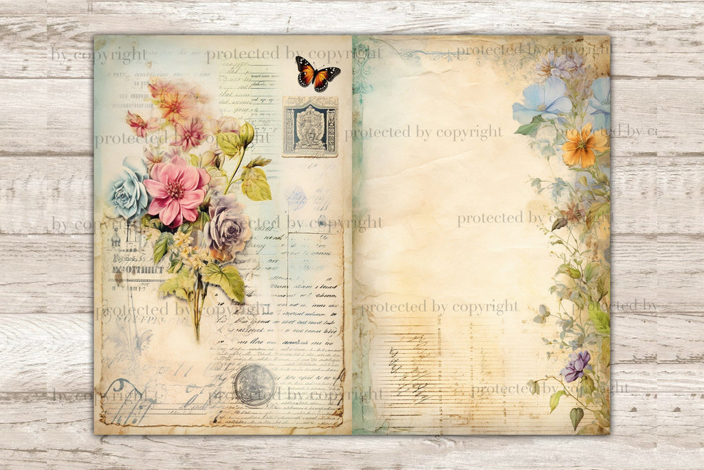 Vintage Letter Junk Journal Pages | Flower Collage Sheet - So Fontsy