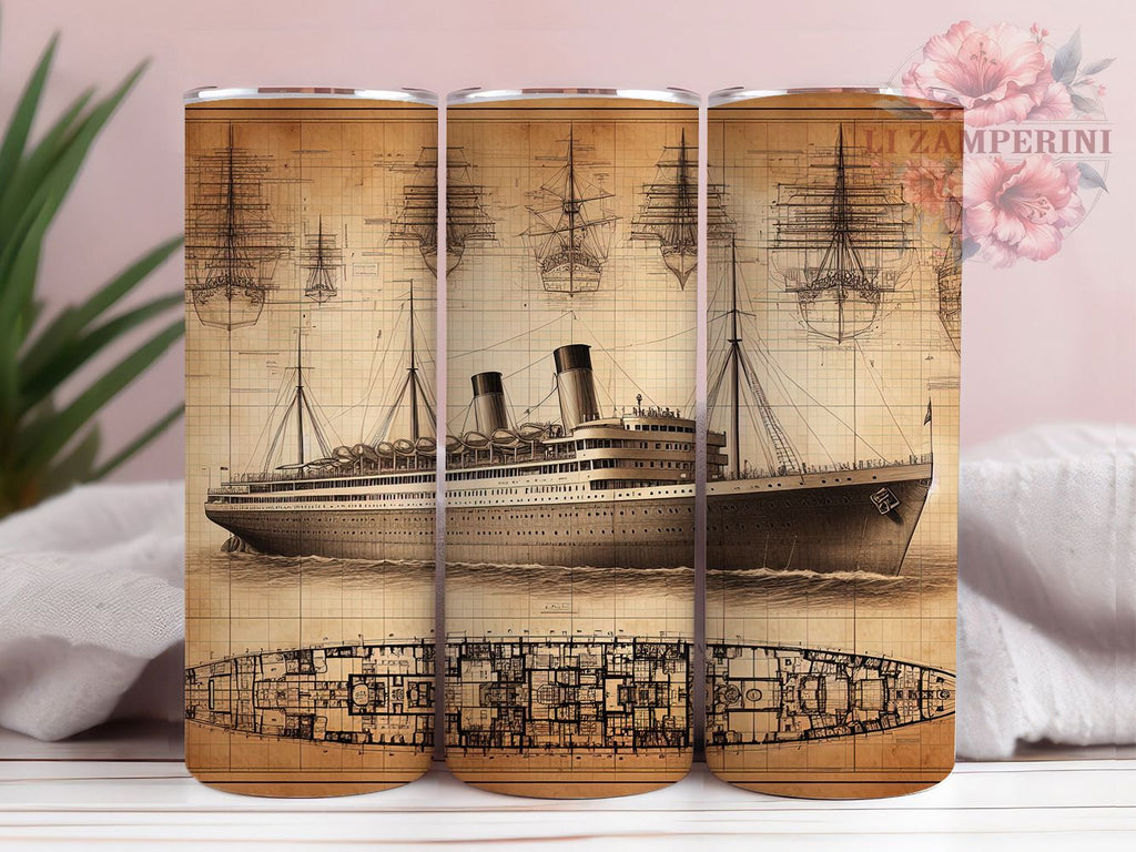 Vintage Nautical Ship Blueprint Tumbler, Ship Blueprint Design, Vintage ...