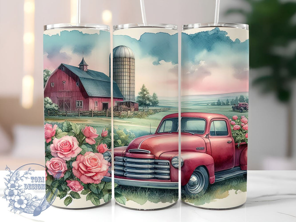 Vintage Red Truck Roses 20oz Skinny Tumbler, Truck Roses Tumbler Png ...