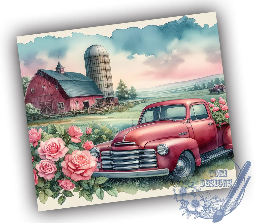 Vintage Red Truck Roses 20oz Skinny Tumbler, Truck Roses Tumbler Png ...