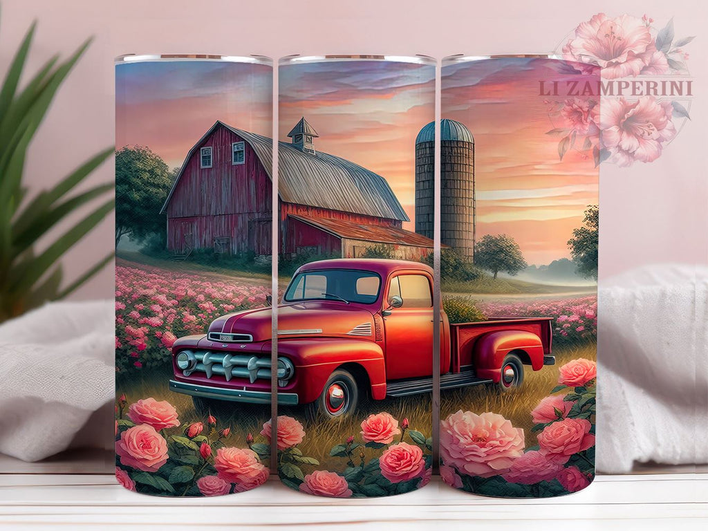 Vintage Red Truck Roses 20oz Tumbler Wrap PNG, Truck Roses Tumbler Png ...