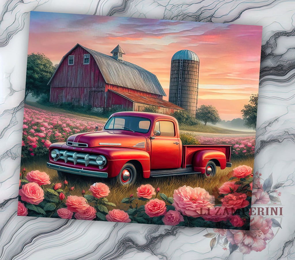 Vintage Red Truck Roses 20oz Tumbler Wrap PNG, Truck Roses Tumbler Png ...