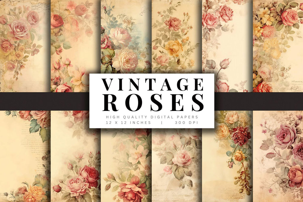 Vintage Roses Digital Paper Pack, Shabby Chic Floral Paper - So Fontsy