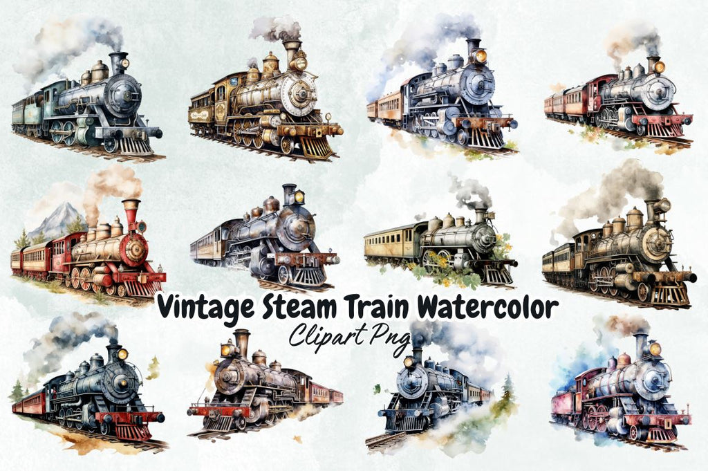 Vintage Steam Train Watercolor Clipart Bundle - So Fontsy